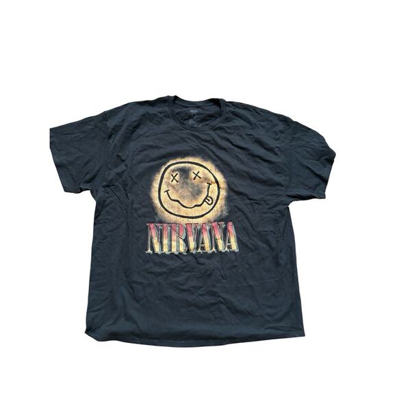 NIRVANA | Shirts | Nwt Black Nirvana Smiley Face Logo Graphic Tshirt 9s ...